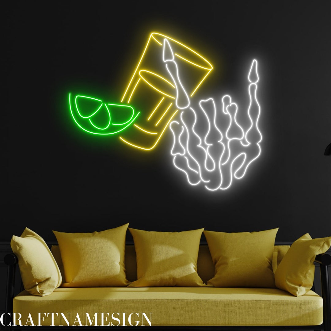 Tequila Skeleton Rock Hand Neon Sign, Tequila Cocktail Led Sign, Custom ...