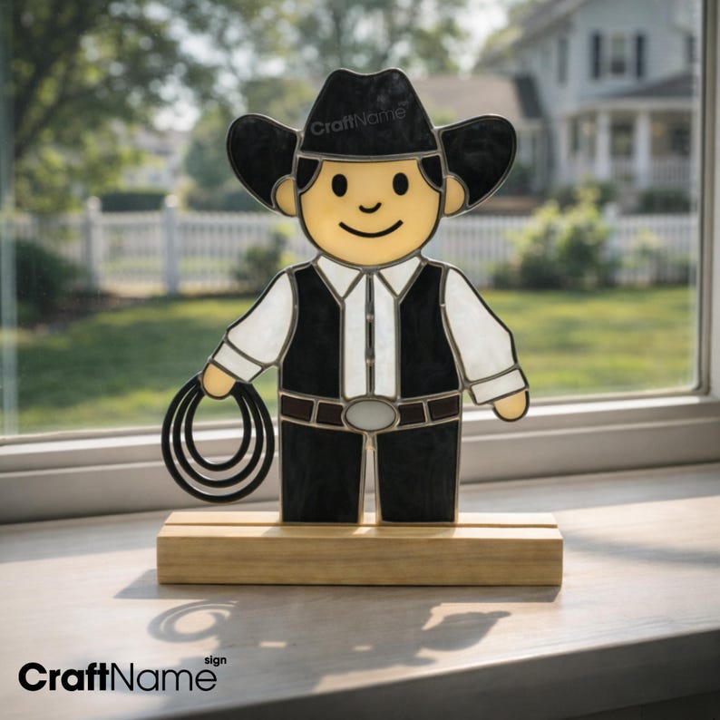 Cowboy Stained Glass, Handmade Western Glass Art With Wooden Base for ...