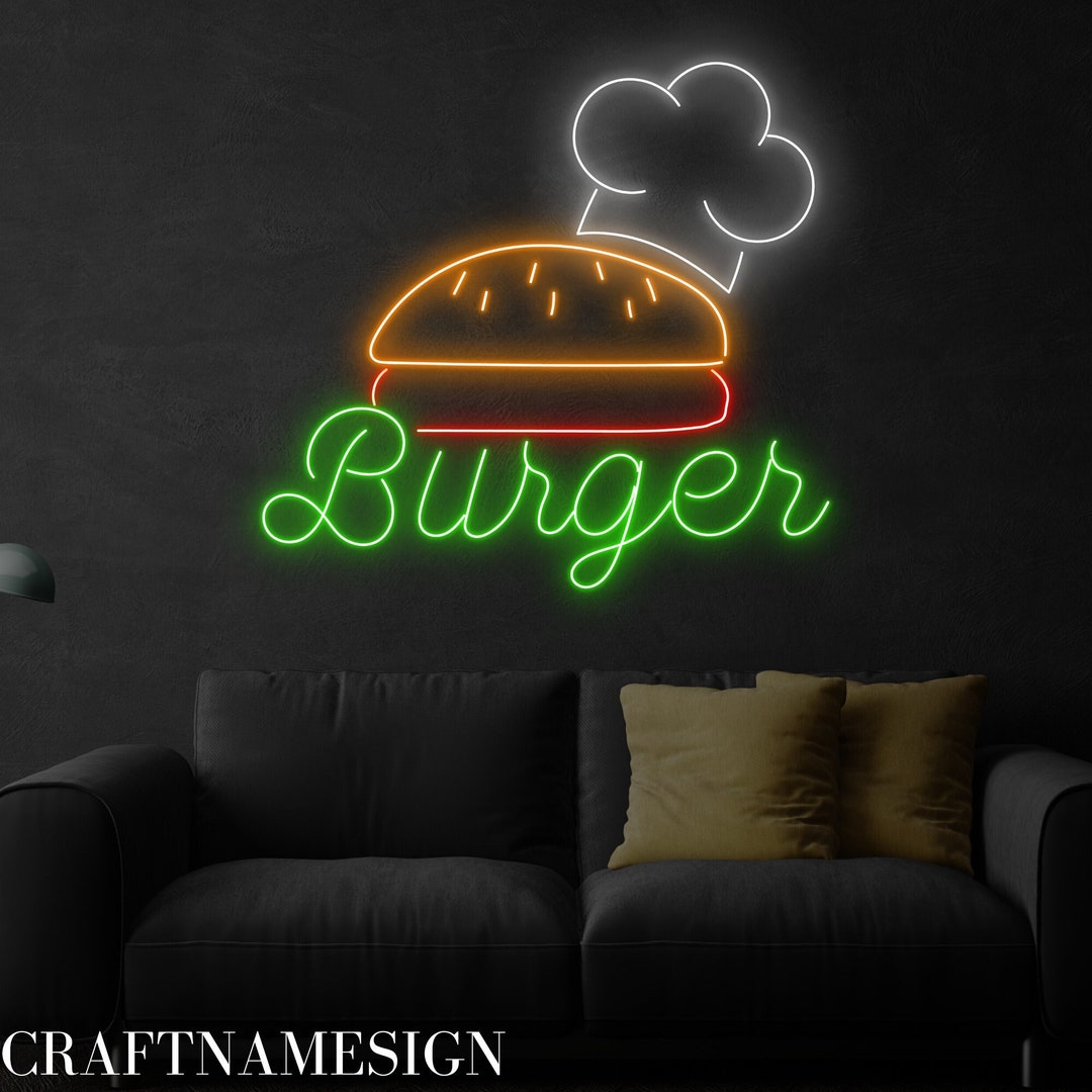 Burger Classic Neon Sign, Chef Hamburger Led Sign, Custom Neon Sign ...