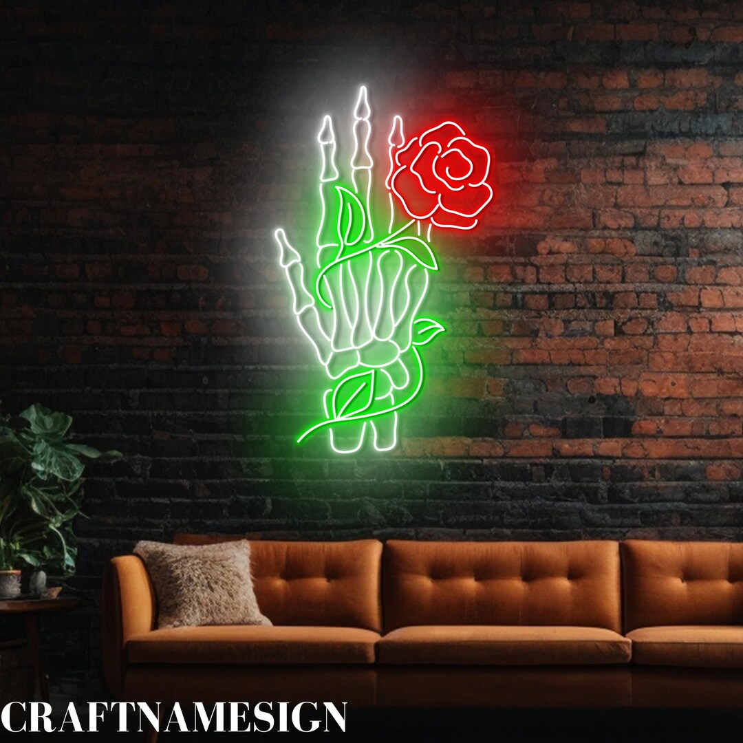 Rose Wrapping Around Skeleton's Hand Neon Sign, Skull Flower Gothic ...