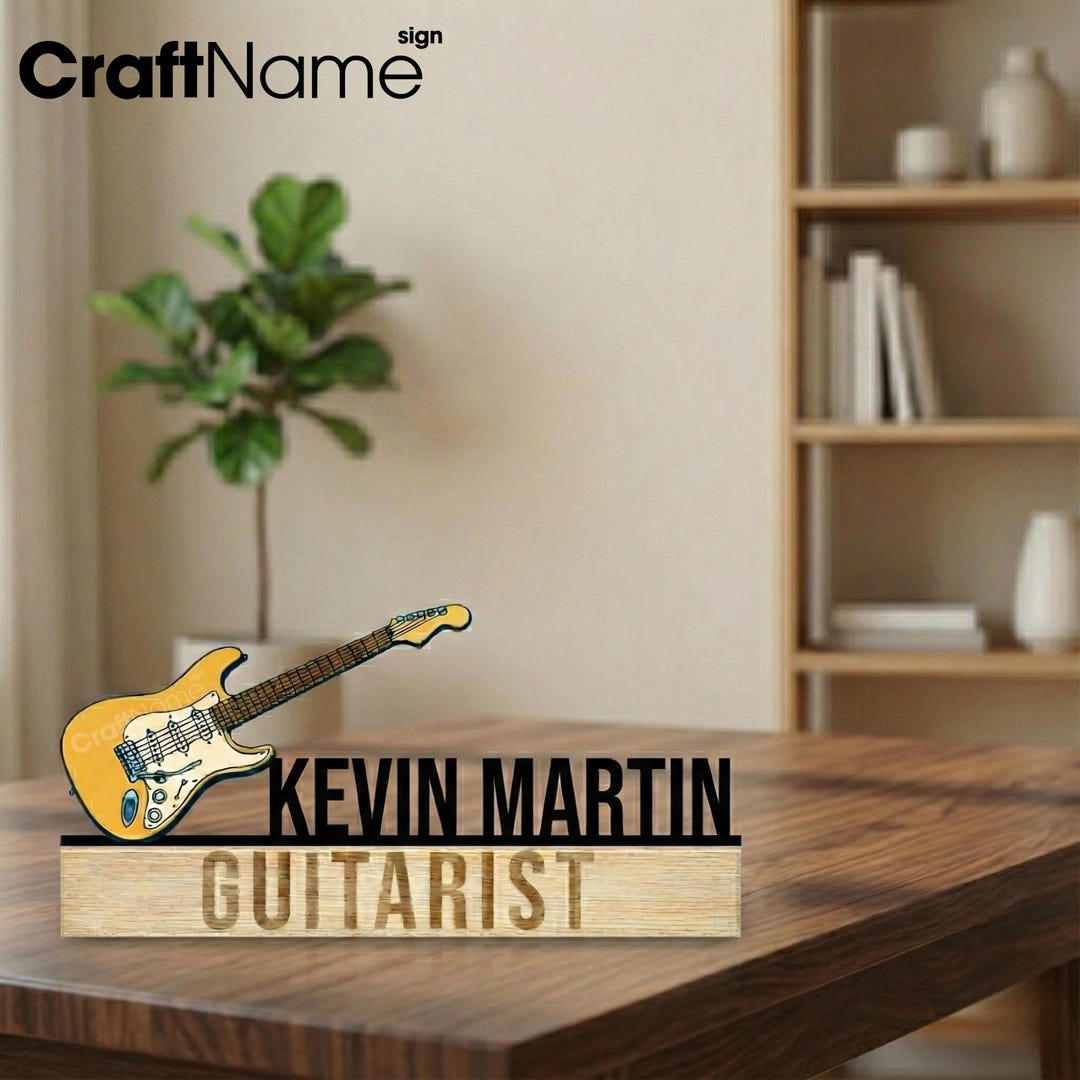 Personalized Wooden Desk Name Plate, Electric Guitar Musician Office ...