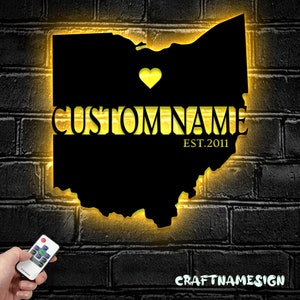 Custom Ohio Map Metal Wall Art LED Light - Personalized Ohio State Name ...