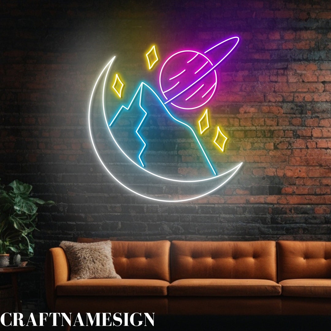 Moon With Planet Neon Sign, Moon Star Mountain Planet Led Sign, Custom ...
