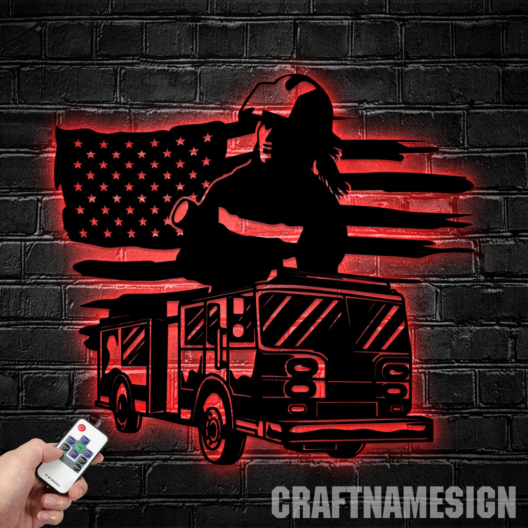Personalized Firefighter American Flag Metal Wall Art Led Lights, USA ...