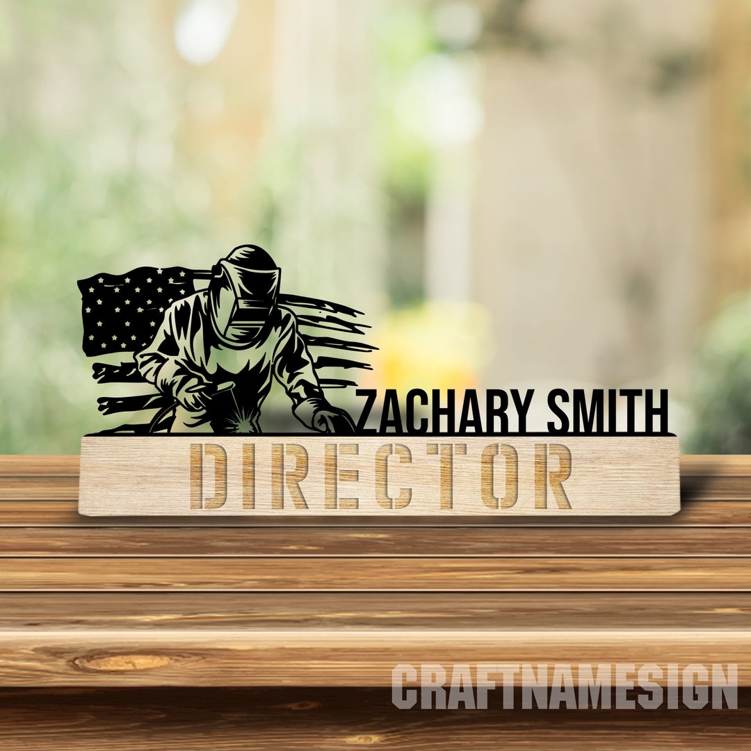 Custom Wooden Welding US Flag Desk Name Plate, Welder Skull Metal ...