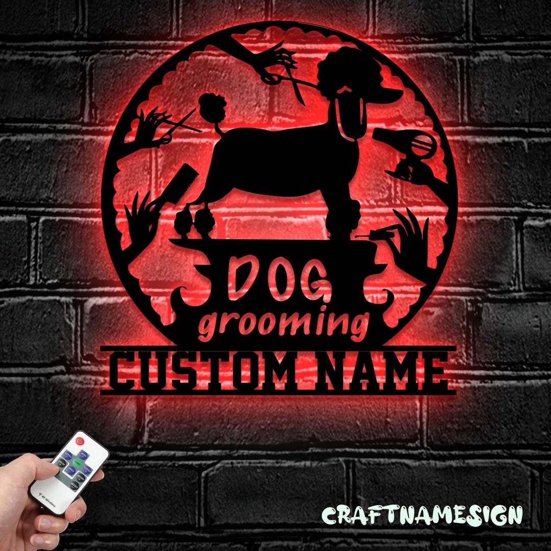 Custom Dog Grooming Hair Salon Metal Wall Art LED Light - Personalized ...