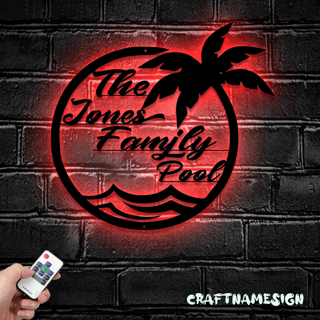Custom Palm Tree Pool Family Metal Wall Art LED Light - Personalized ...
