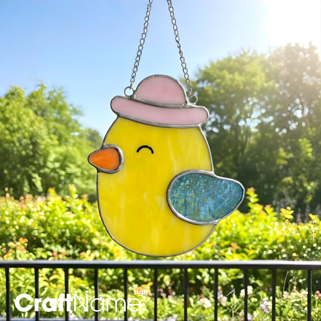 Cute Chick Stained Glass Panel With Hat, Handcrafted Window Hanging ...