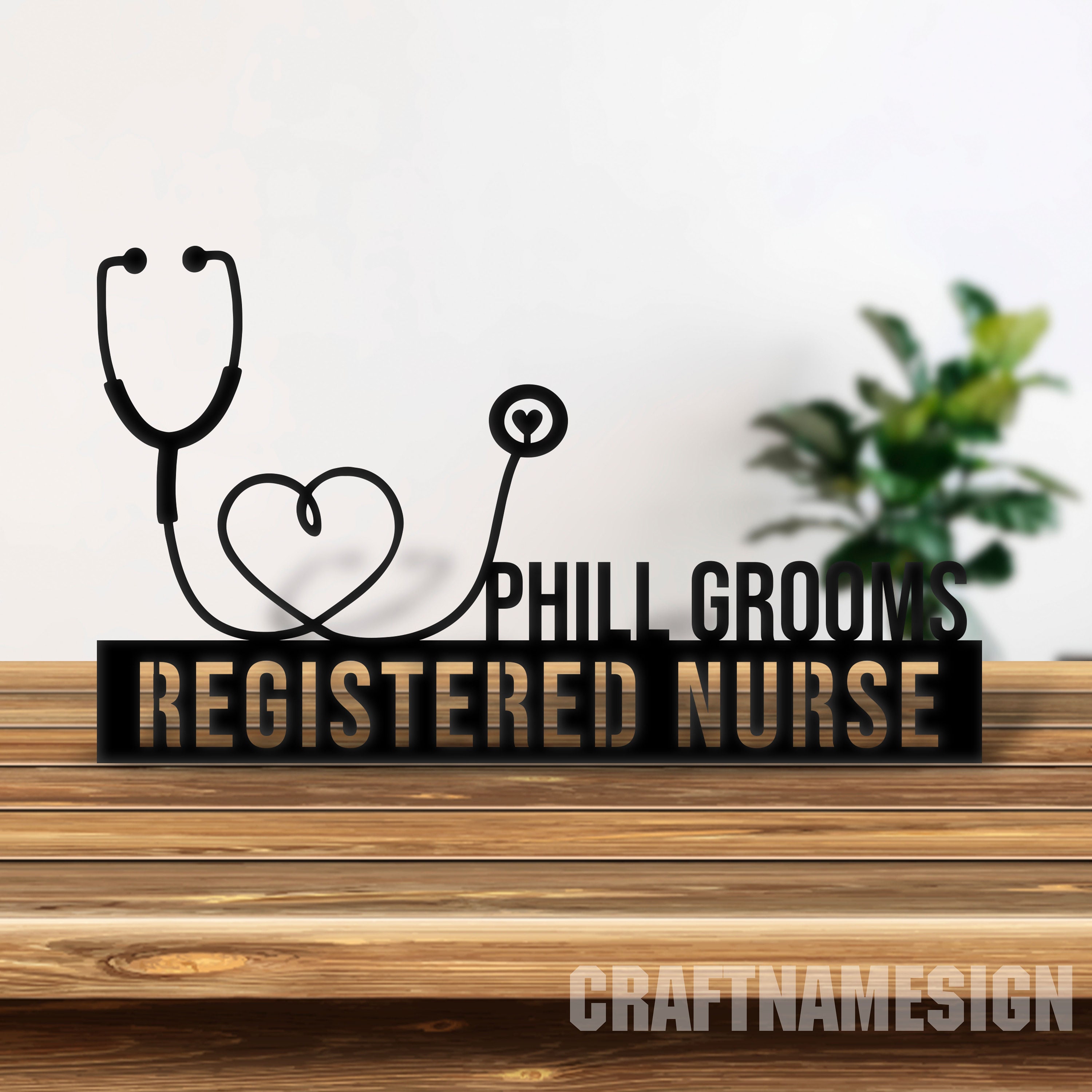 Custom Wooden Nurse Desk Name Plate, Nurse Stethoscope Metal Nameplate ...