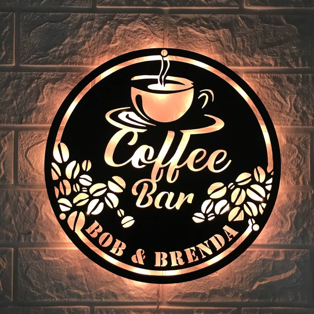 Personalized Coffee Bar Metal Wall Art LED Light | Personalized Coffee ...