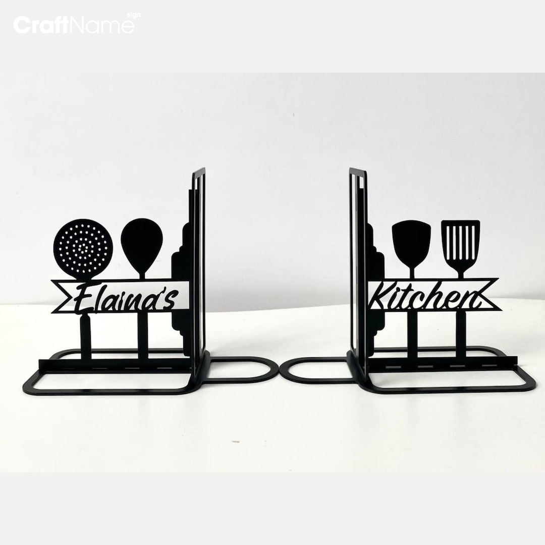 Custom Kitchen Tools Metal Bookend Decor, Personalized Chef Name Book ...