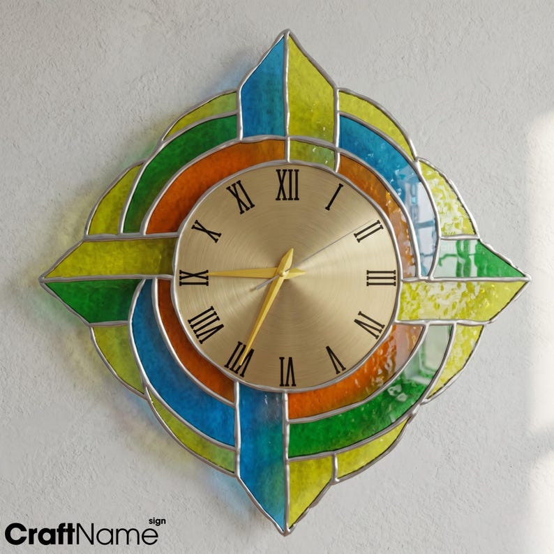 Abstract Geometric Stained Glass Clock, Modern Colorful Diamond Wall ...