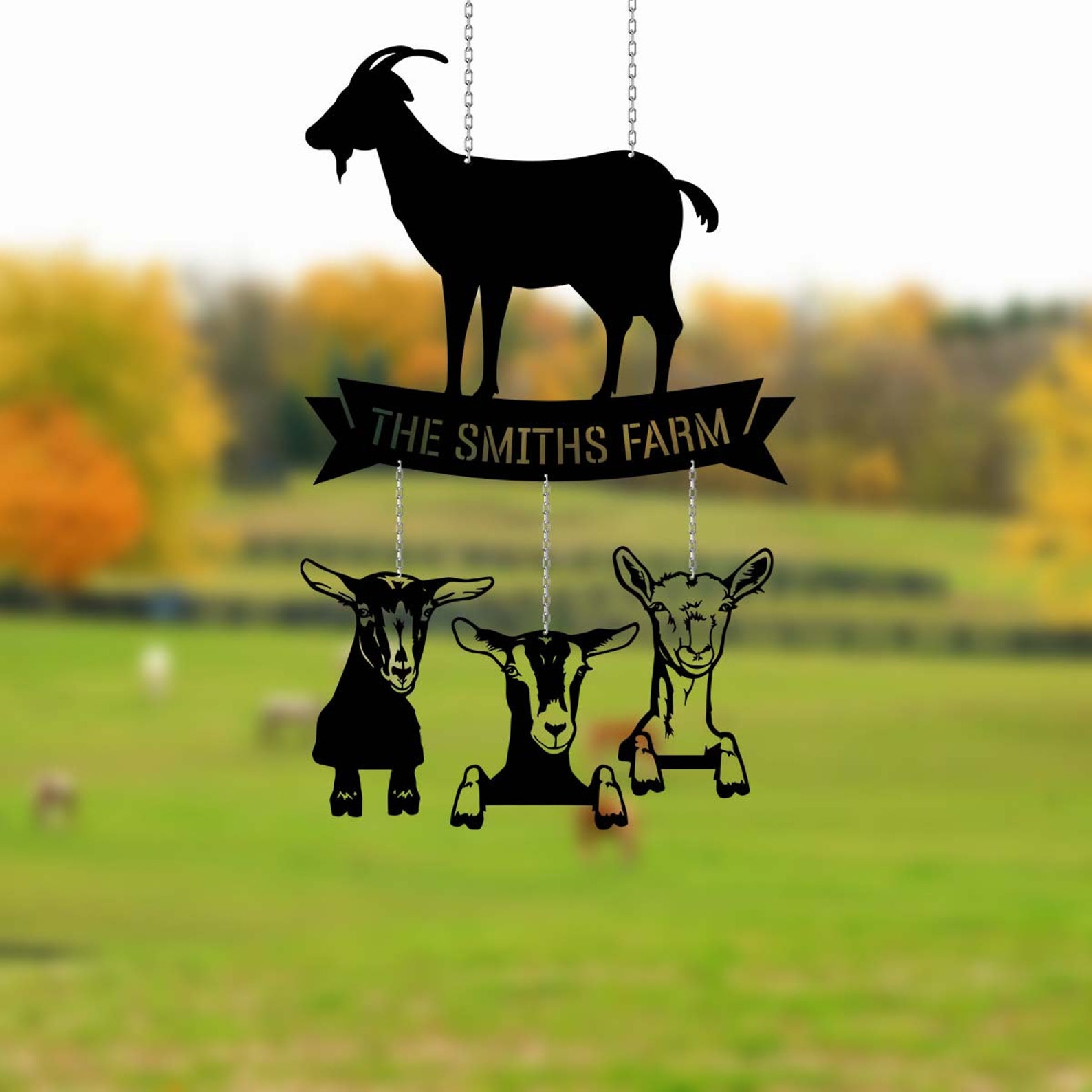 Personalized Goat Farmhouse Metal Wind Chime, Custom 3 Goats Name Sign ...
