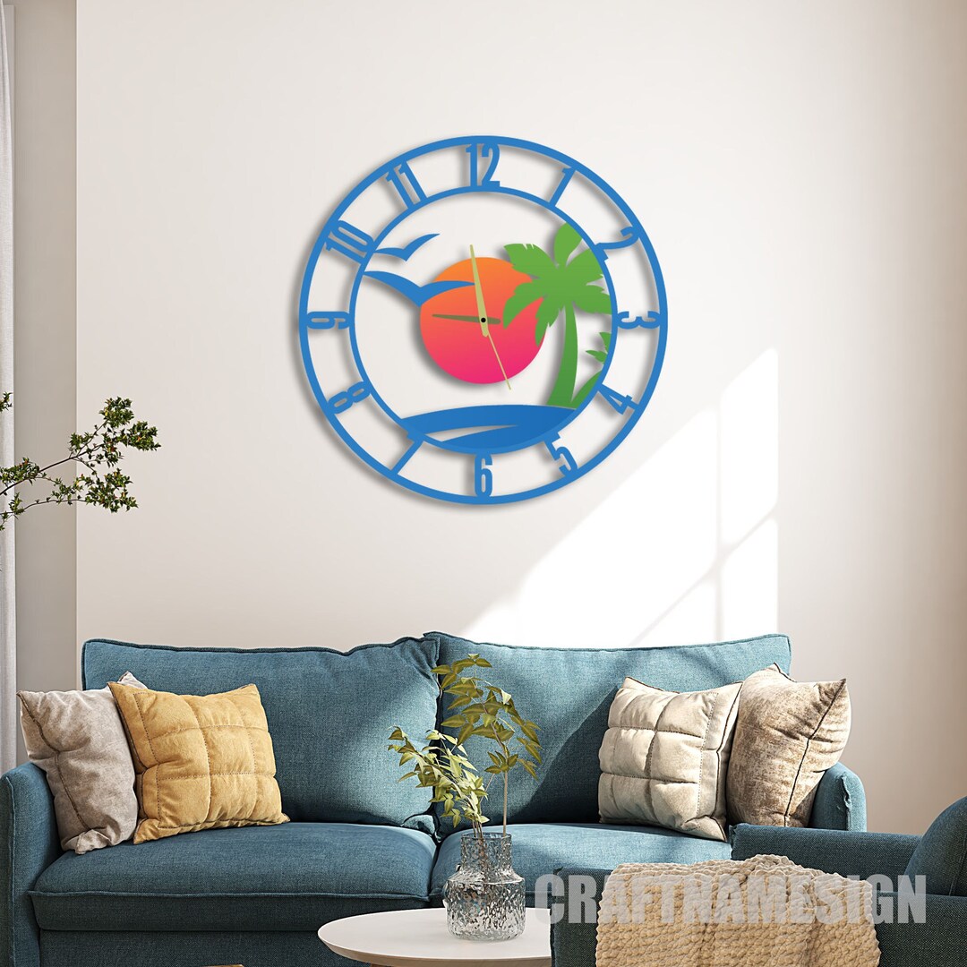 Hammock Palm Tree Sunset Metal Wall Clock, Wall Clock Unique for Home ...