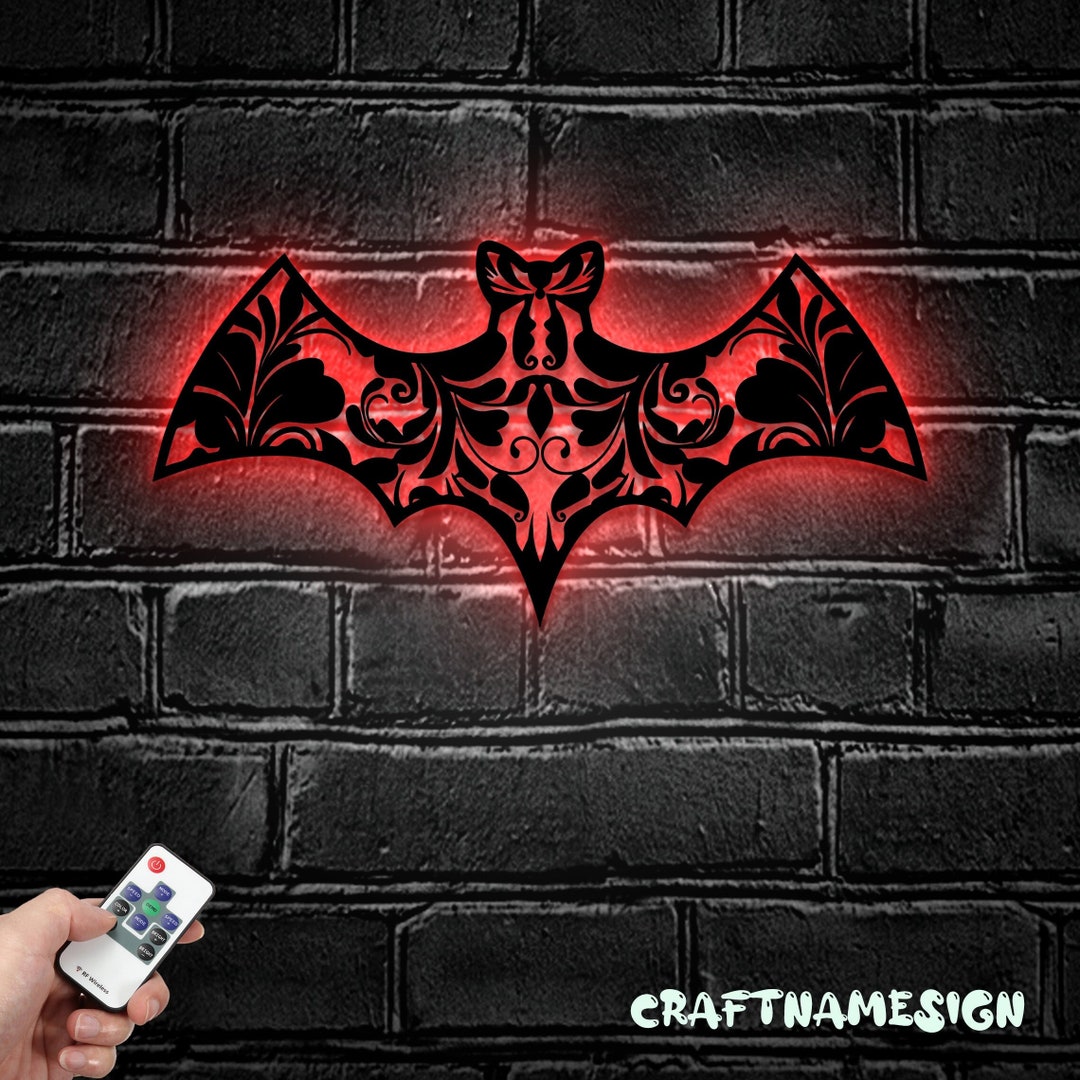 Floral Bat Metal Wall Art With LED Light - Halloween Bat Sign Home ...