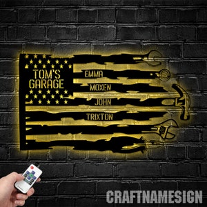 Personalized US Flag Garage Metal Wall Art LED Light, Custom Dad's ...