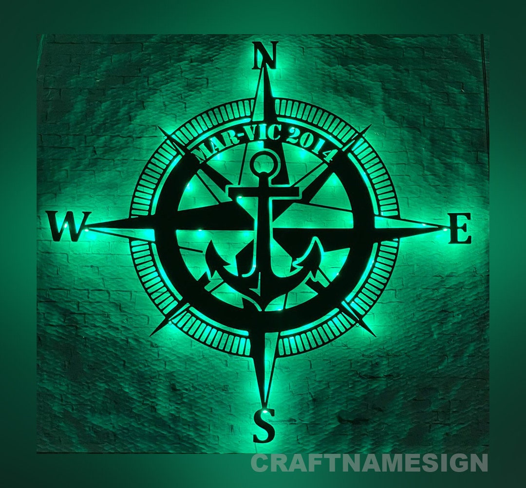 Personalized GPS Anchor Compass Metal Wall Art LED Light, Custom ...