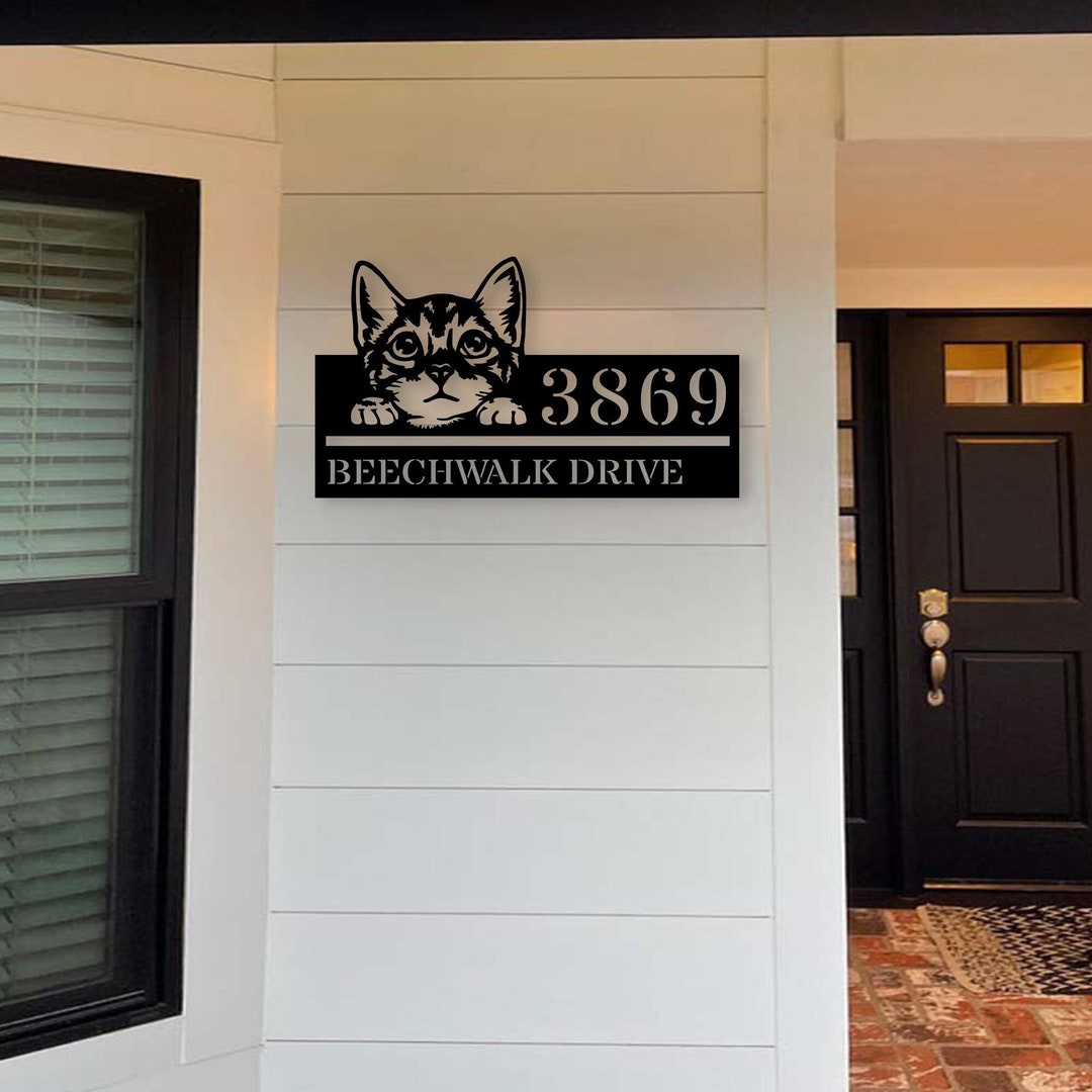 Custom Cute Peeking Cat Kitten Pet Metal Number Metal Address Sign, Cat ...