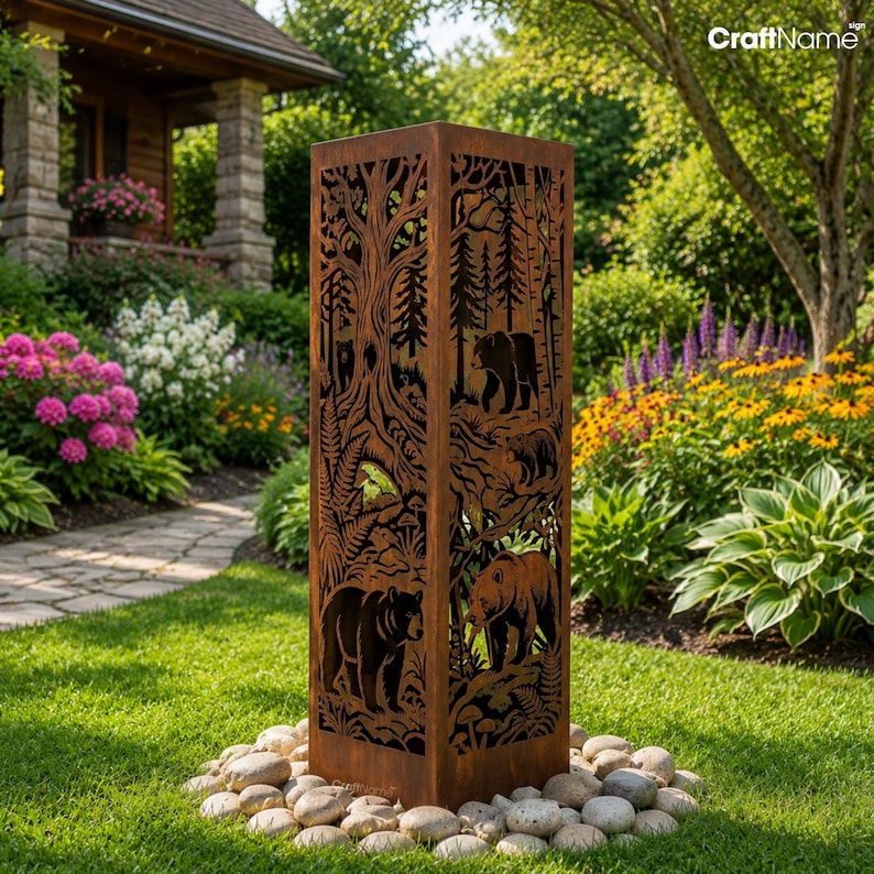Bear Garden Column, Rustic Rusty Metal Woods Yard Art, Wildlife Outdoor ...