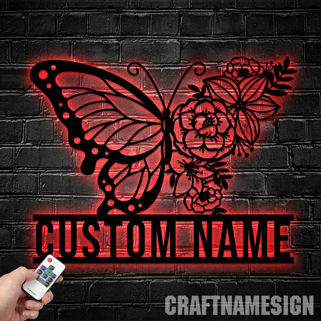 Personalized Butterfly Floral Metal Wall Art With LED Light - Custom ...