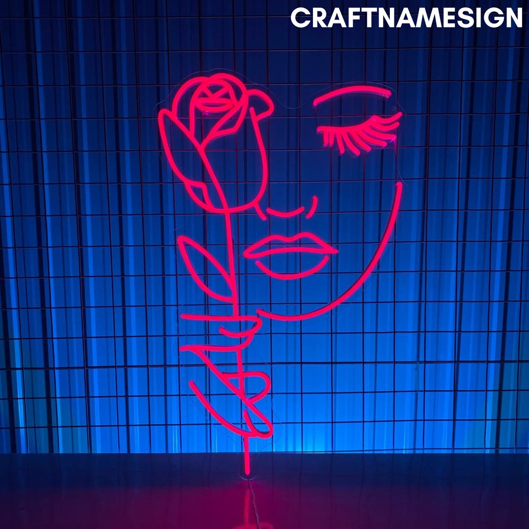 Woman Face Rose Neon Sign, Abstract Woman Flower Led Sign, Custom Neon ...