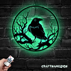 Raven Metal Wall Art With LED Light - Crow Moon Sign Home Decor ...