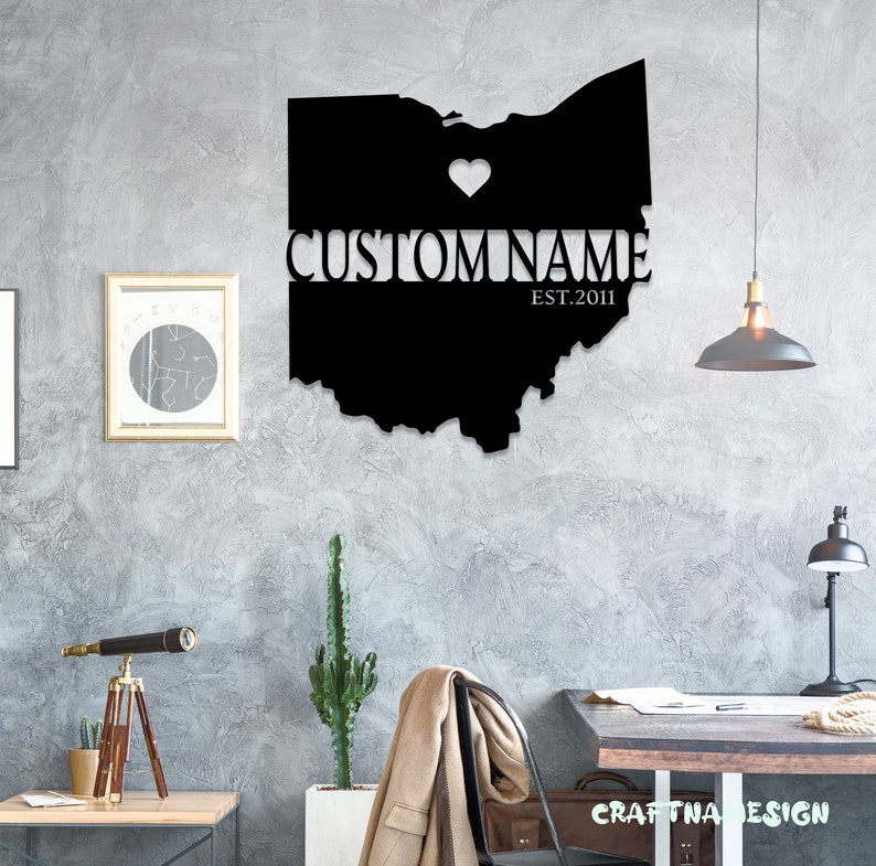 Custom Ohio Map Metal Wall Art LED Light - Personalized Ohio State Name ...