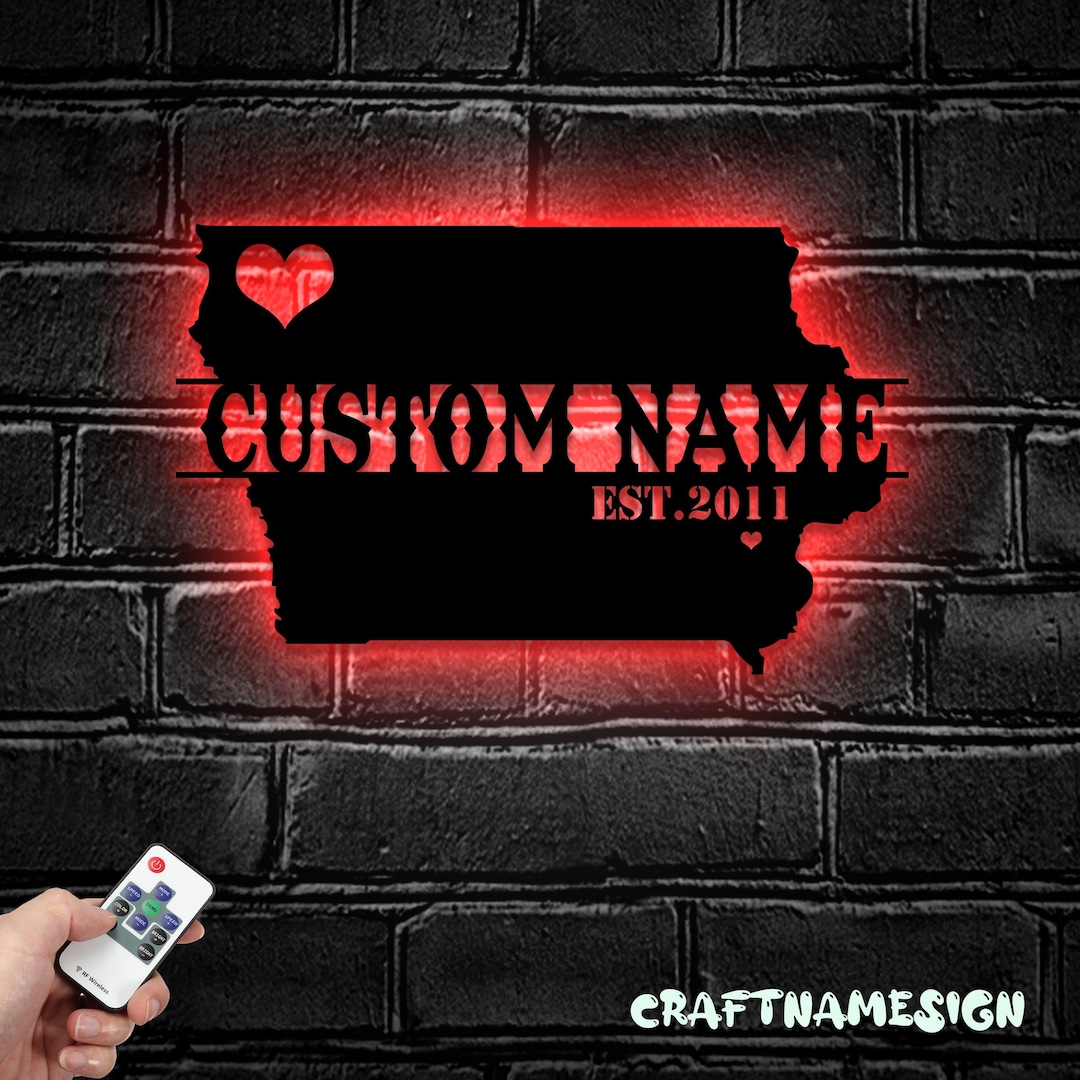 Custom Iowa Map Metal Wall Art LED Lights Personalized Iowa State Name ...