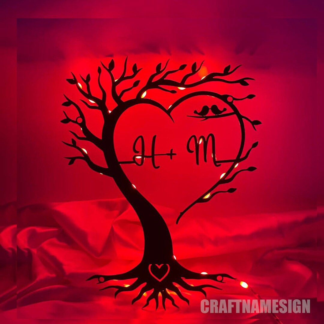 Personalized Unique Tree Heart & Names Metal Wall Art Led Light, Tree ...