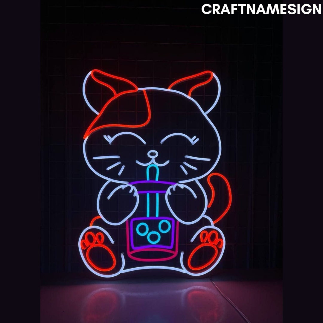 Cat Drink Milk Tea Neon Sign, Bubble Tea Led Sign, Custom Neon Sign ...