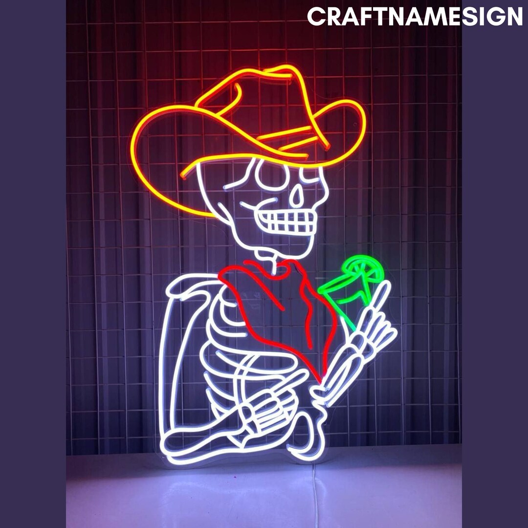Cowboy Skeleton Cocktail Neon Sign, Cowboy Cocktails Bar Led Sign ...