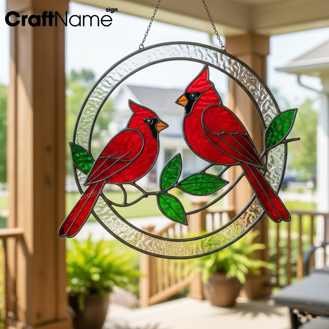 Couple Cardinal Stained Glass Window Hanging, Handcrafted Red Bird ...