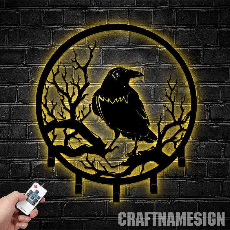 Custom Raven Metal Key Holder, Crow Moon Wall Led Decorative Art, Metal ...