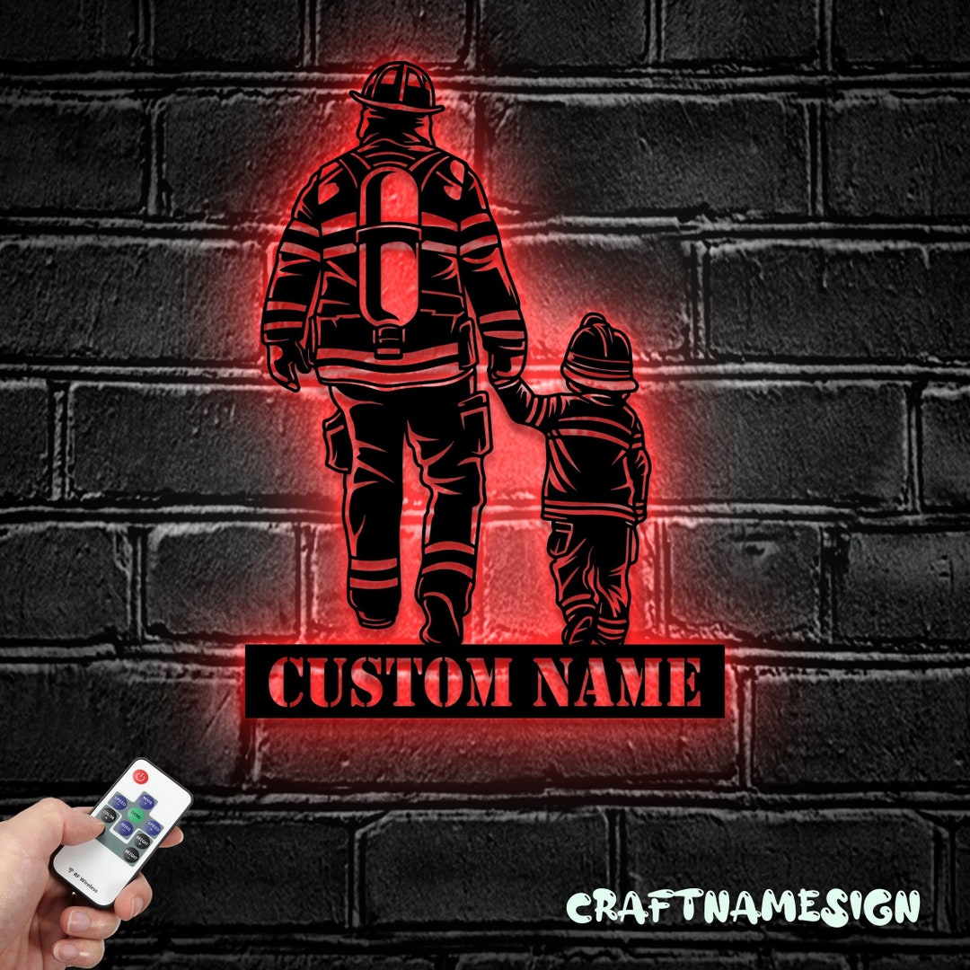 Custom Father Daughter Firefighter Metal Wall Art LED Light ...
