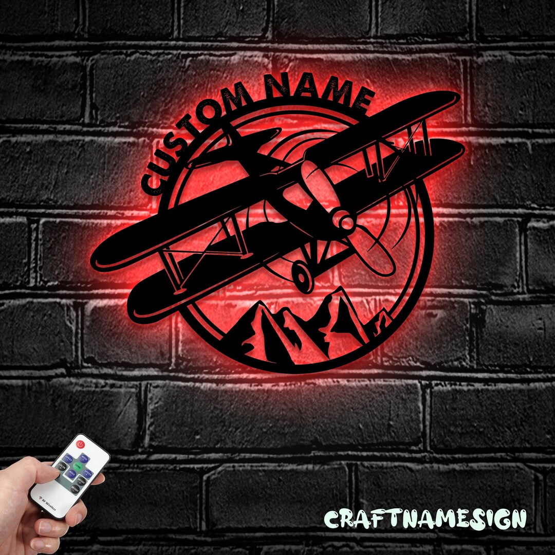 Custom Biplane Airplane Metal Wall Art LED Light - Personalized Pilot ...
