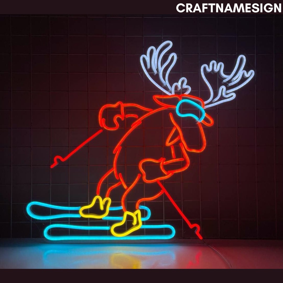 Moose Skiing Neon Sign, Moose Snow Skiing Led Sign, Custom Neon Sign ...
