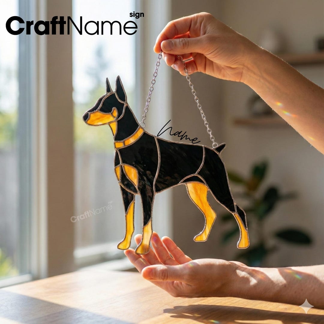 Doberman Stained Glass Suncatcher Decor, Artisan-made Dog Breed Window ...