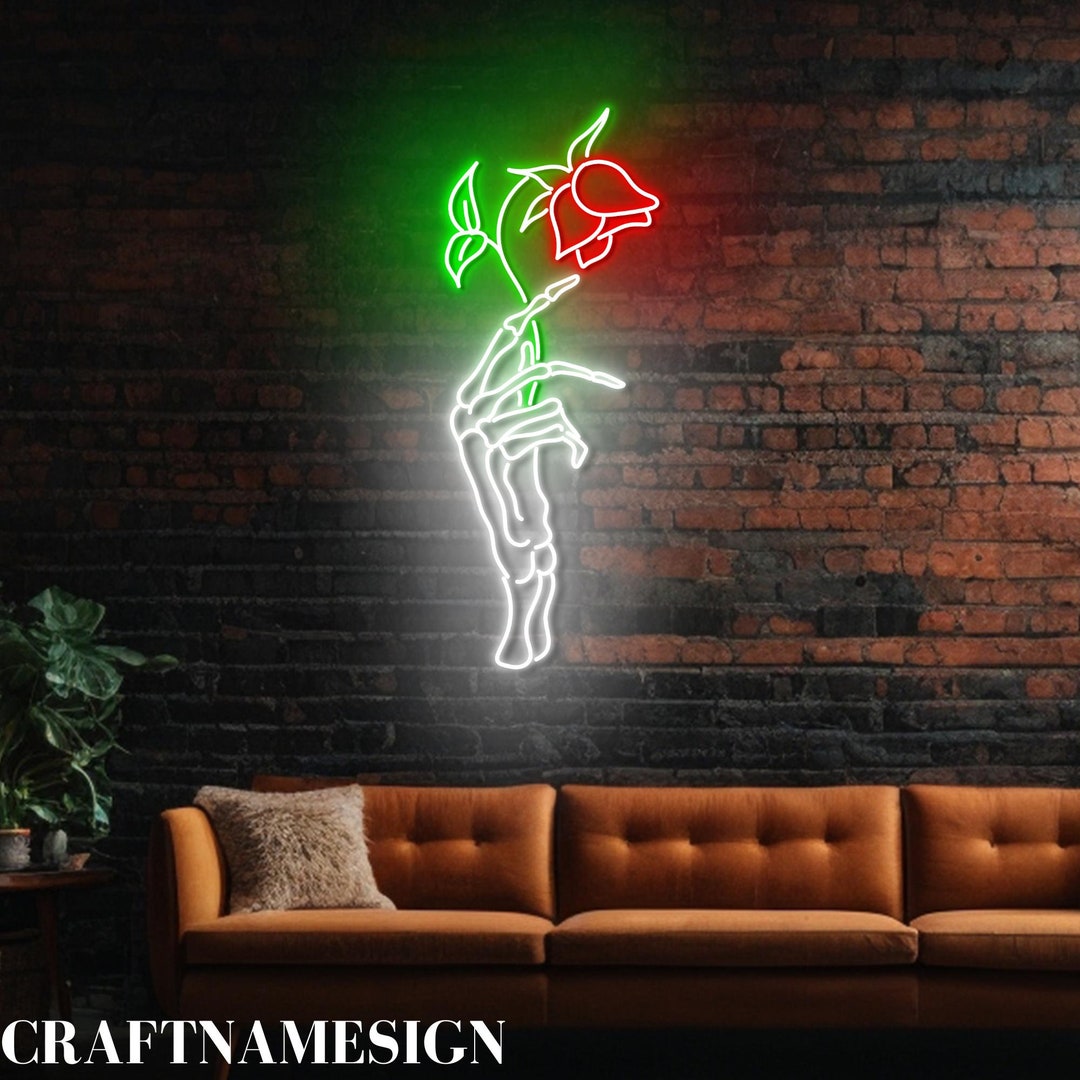 Skeleton Hand Rose Neon Sign, Skull Flower Gothic Proposal Engagement ...