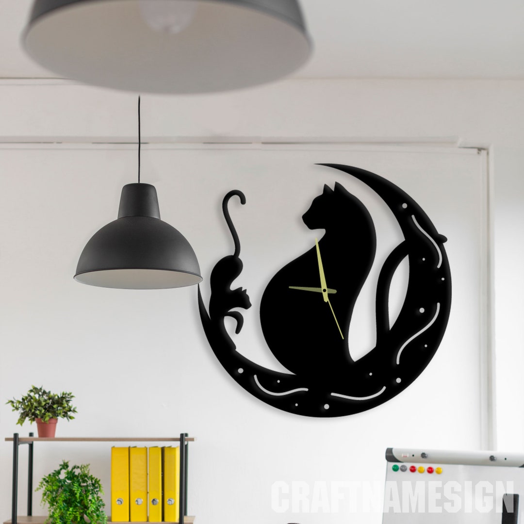 Cat and Moon Metal Wall Clock, Wall Clock Unique for Home Decor and ...