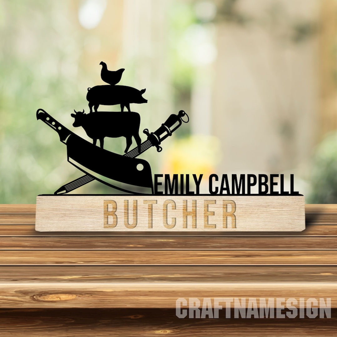 Personalized Wooden Butcher Desk Name Plate, Meat Shop Metal Nameplate ...