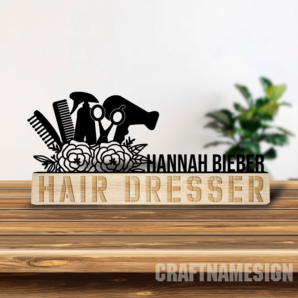 Custom Wooden Hair Salon Desk Name Plate, Hair Stylist Metal Nameplate ...