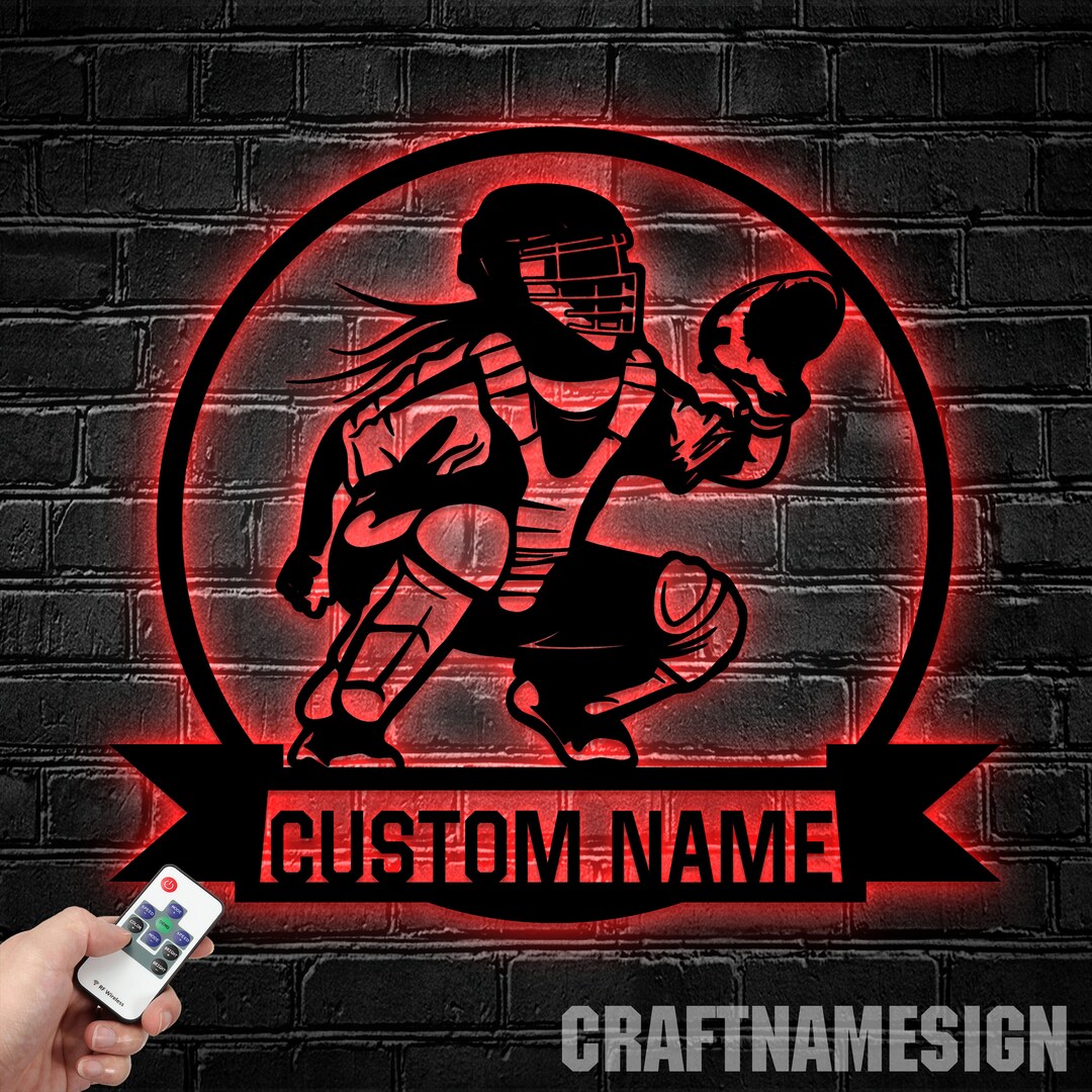 Custom Softball Catcher Metal Wall Art LED Light - Personalized Name ...