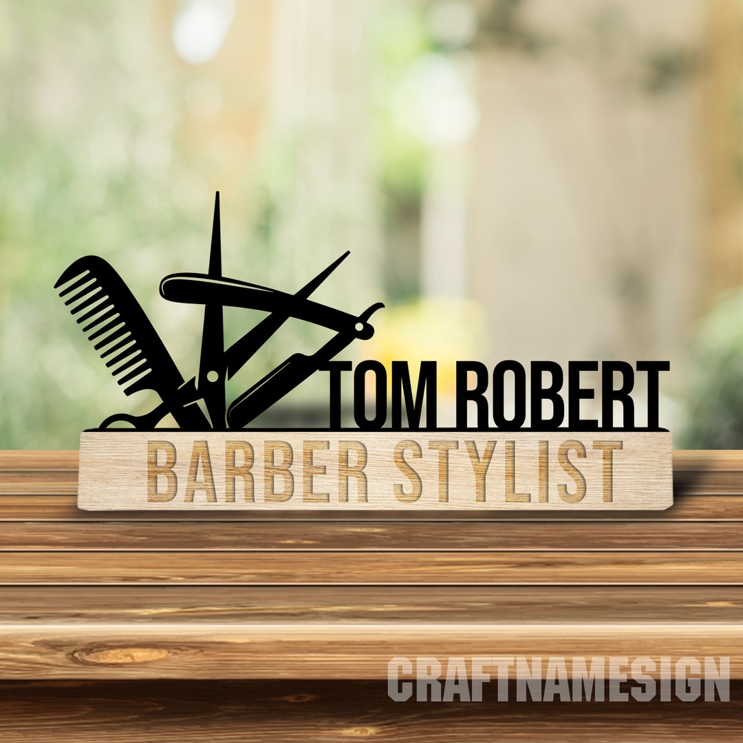 Custom Wooden Barber Desk Name Plate, Hair Stylist Hair Dresser Metal ...