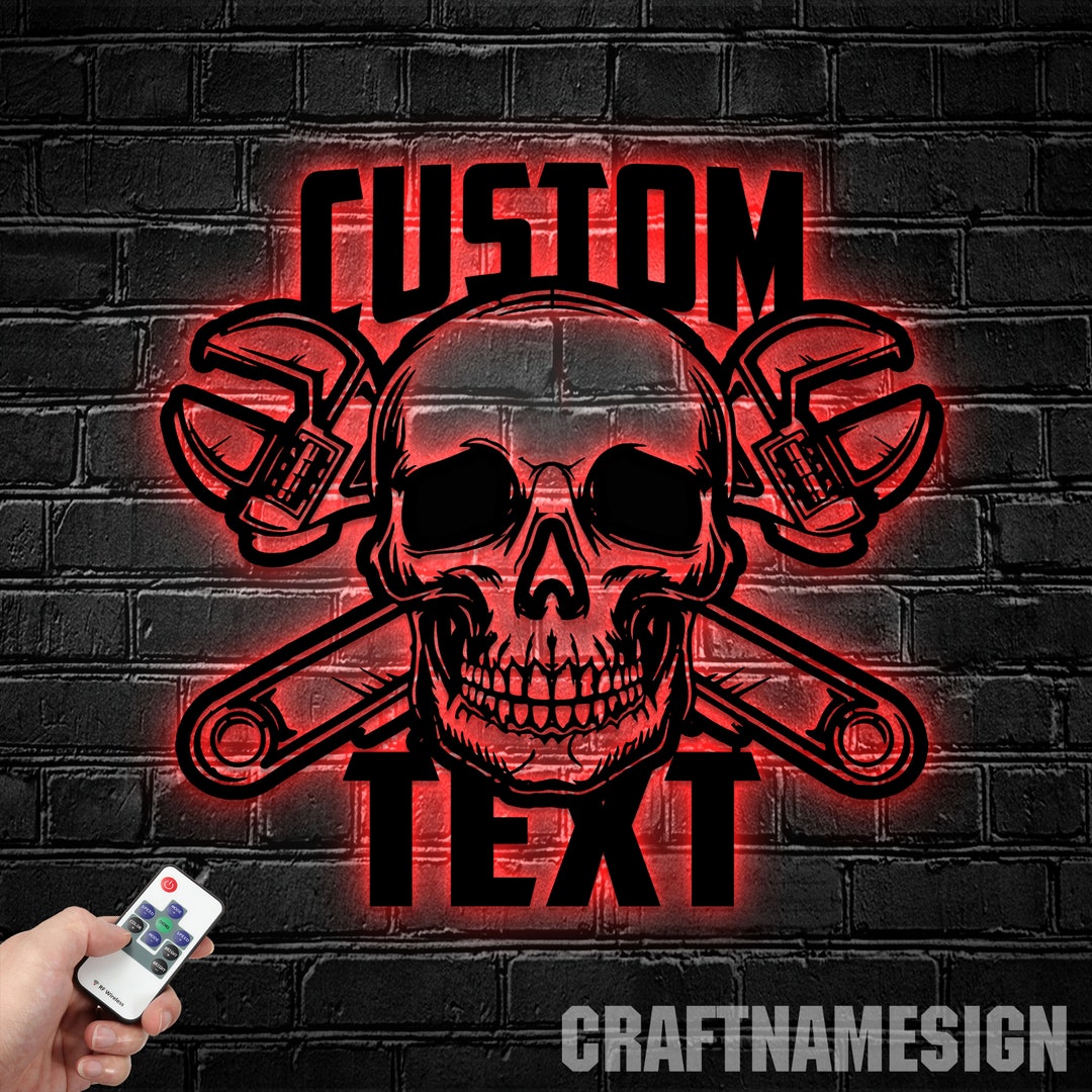 Personalized Mechanic Skull Metal Sign, Custom Skull Wall Art Room ...