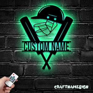 Custom Helmet Cricket Bat Metal Wall Art LED Light - Personalized ...