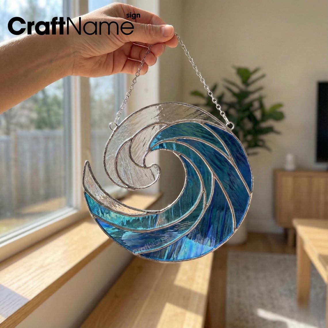 Ocean Wave Stained Glass Window Suncatcher, Handmade Coastal Decor ...