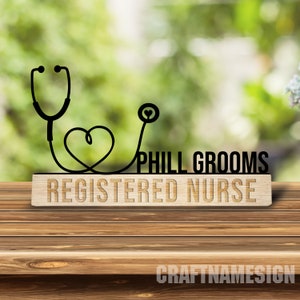 Custom Wooden Nurse Desk Name Plate, Nurse Stethoscope Metal Nameplate ...