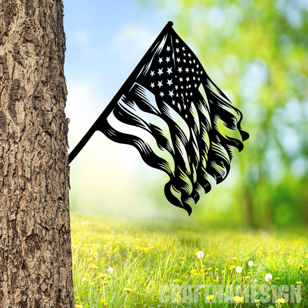 Custom USA Flag Metal Tree Stake, US Flag Garden Sculpture Metal Tree ...