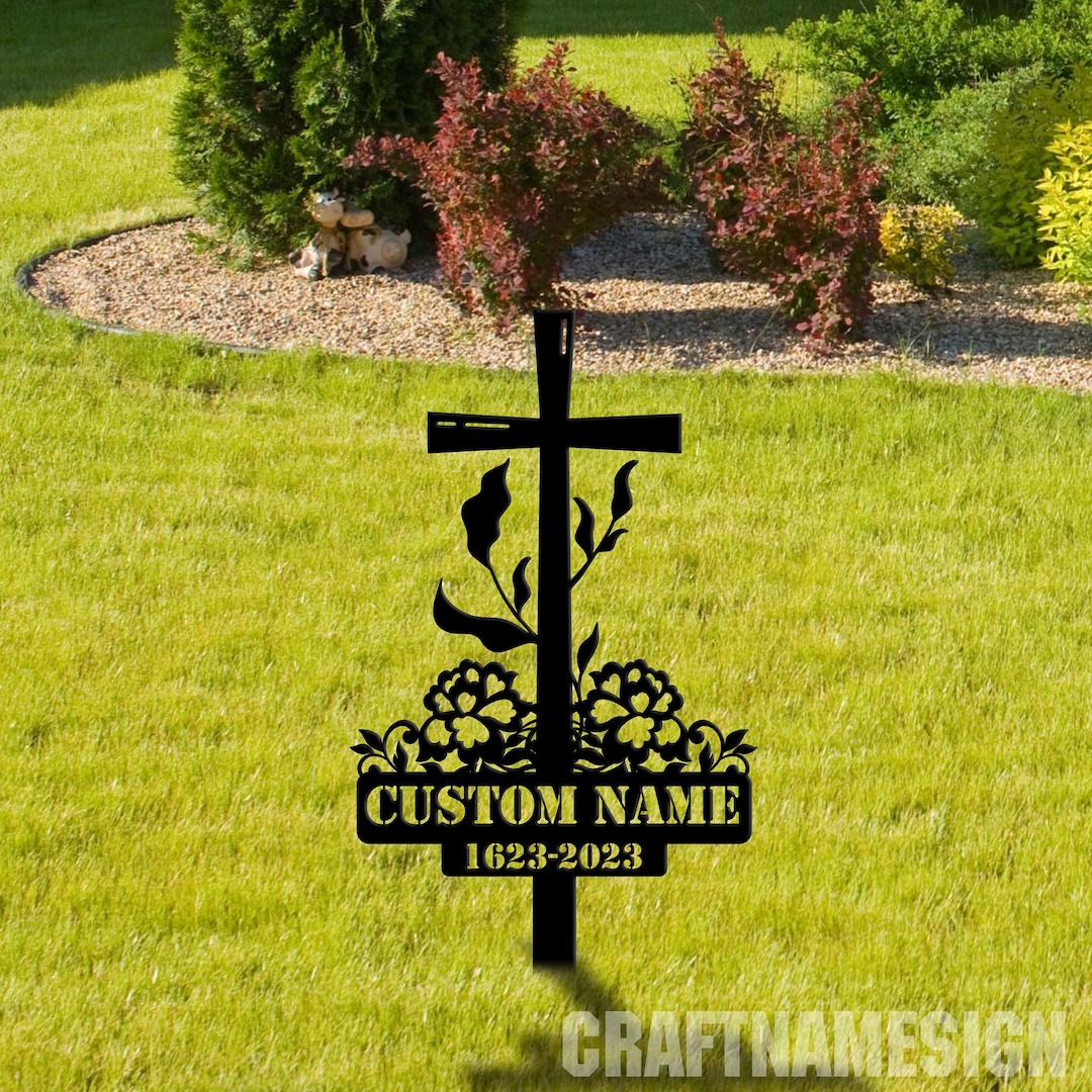 Custom Floral Cross Memorial Metal Stake, Cross Memorial Plaque With ...