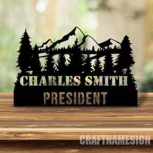 Custom Wooden Hiking Desk Name Plate, Nature Mountain Forest Adventure ...